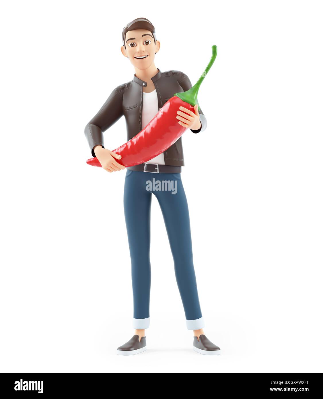 3d cartoon man holding large red pepper, illustration isolated on white ...
