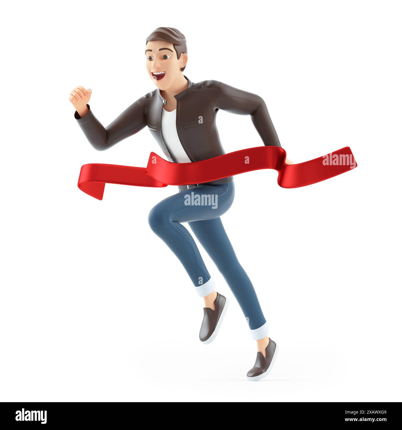 3d cartoon man crossing finish line red ribbon, illustration isolated ...