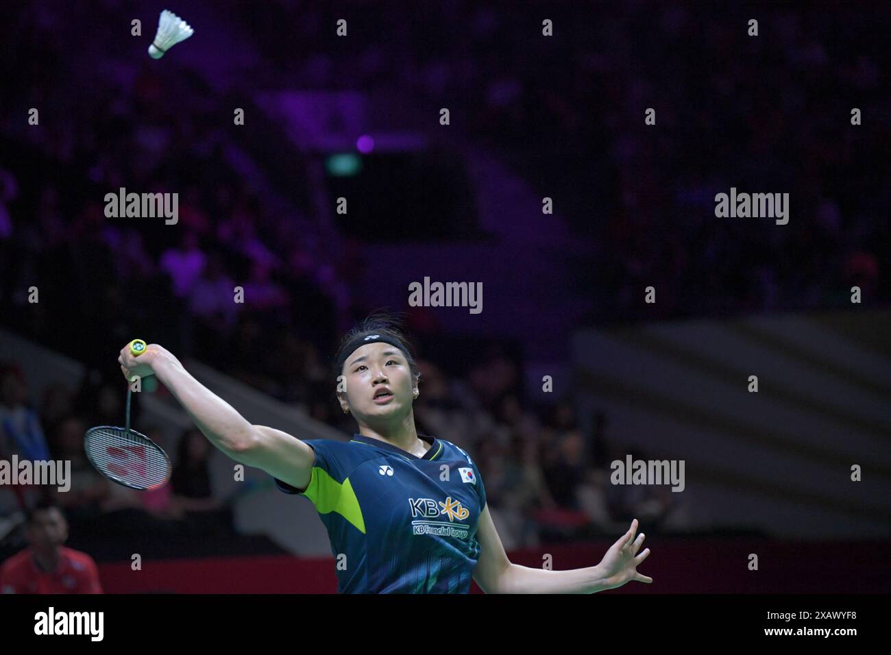 Jakarta, Indonesia. 9th June, 2024. An Se Young hits a return during the women's singles final ...