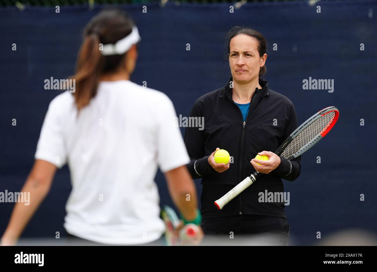 Jane O'Donoghue, coach for Emma Raducanu, on the practice court during ...