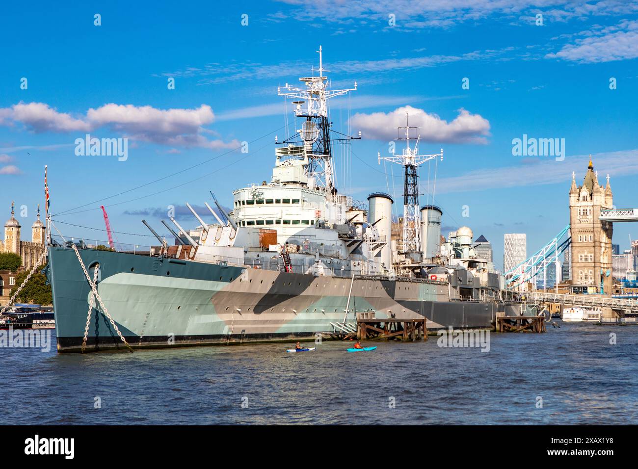 London, England – August 2023. HMS Belfast, Town-class light cruiser ...