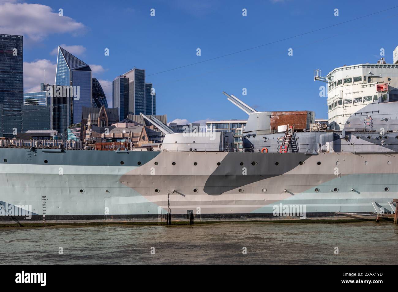 London, England – August 2023. HMS Belfast, Town-class light cruiser ...