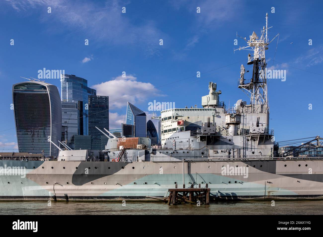 London, England – August 2023. HMS Belfast, Town-class light cruiser ...