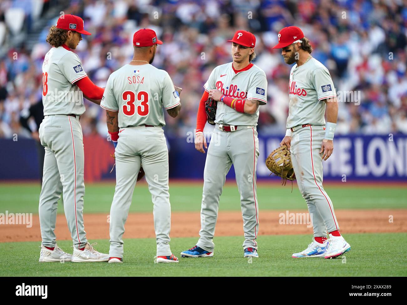 Philadelphia Phillies' Bryson Stott and Bryce Harper (right) on day one ...