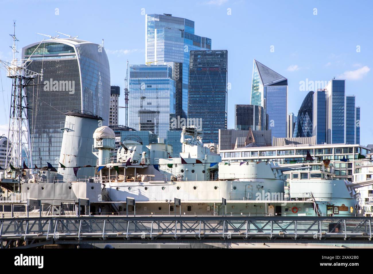 London, England – August 2023. HMS Belfast, Town-class light cruiser ...