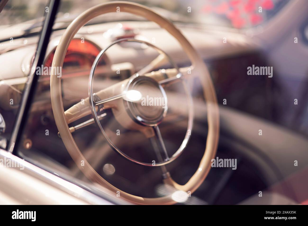 Vintage car steering wheel closeup with classic dashboard, nostalgia ...