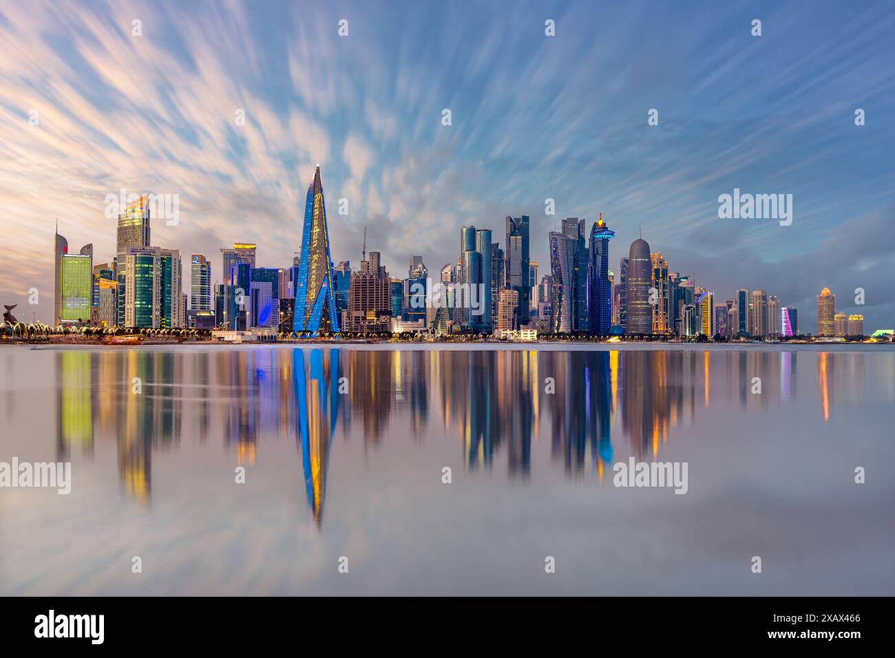 The Panoramic skyline of Doha, Qatar during sunrise Stock Photo - Alamy