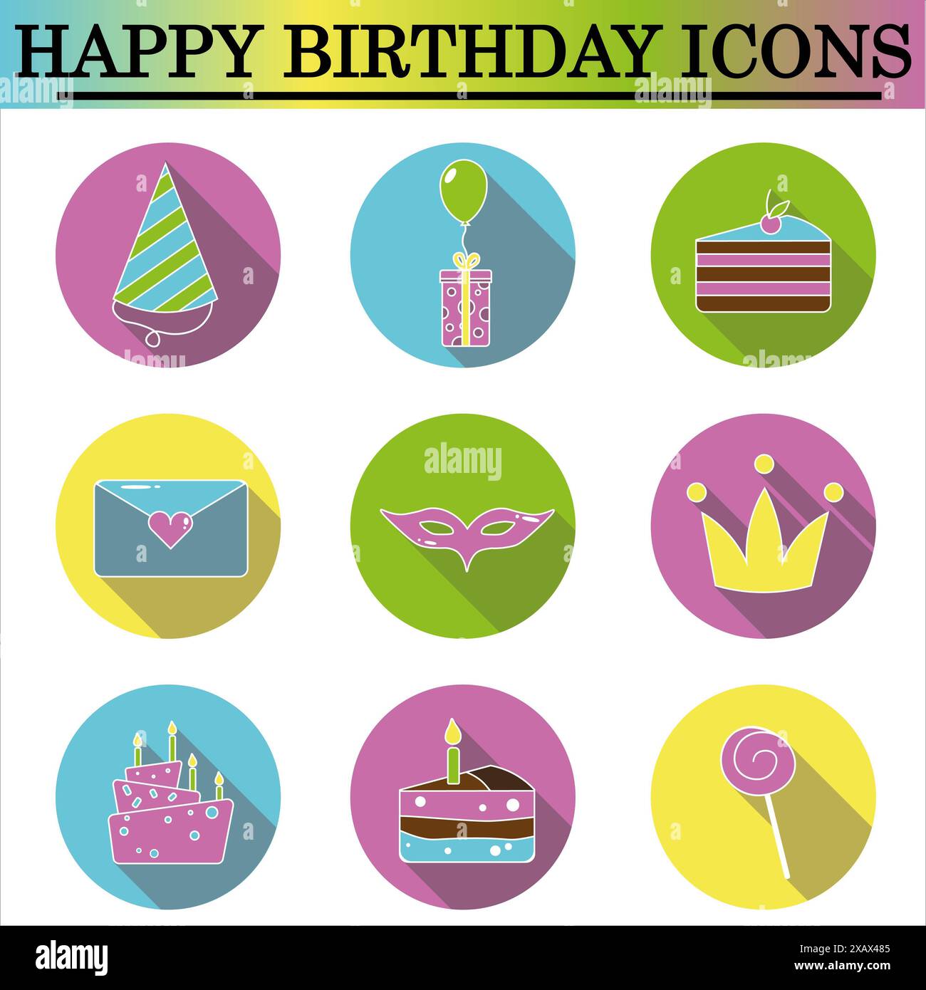 Set of birthday flat icons with shadow on the white background ...