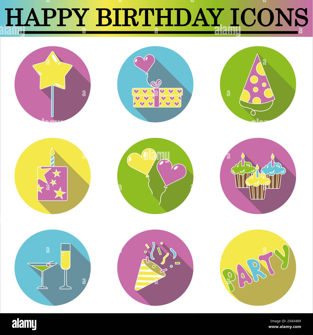 Set of birthday flat icons with shadow on the white background ...