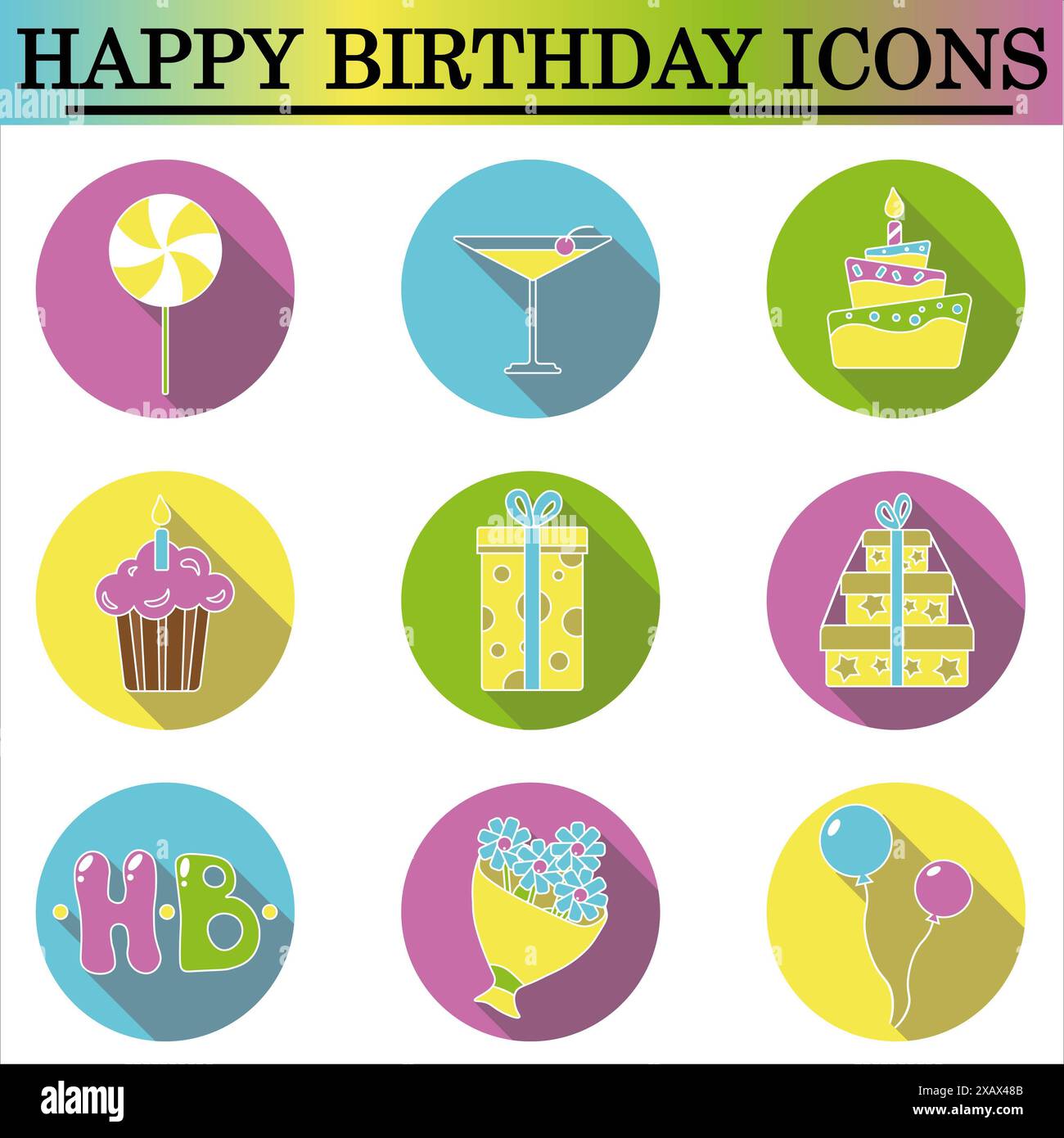 Set of birthday flat icons with shadow on the white background ...