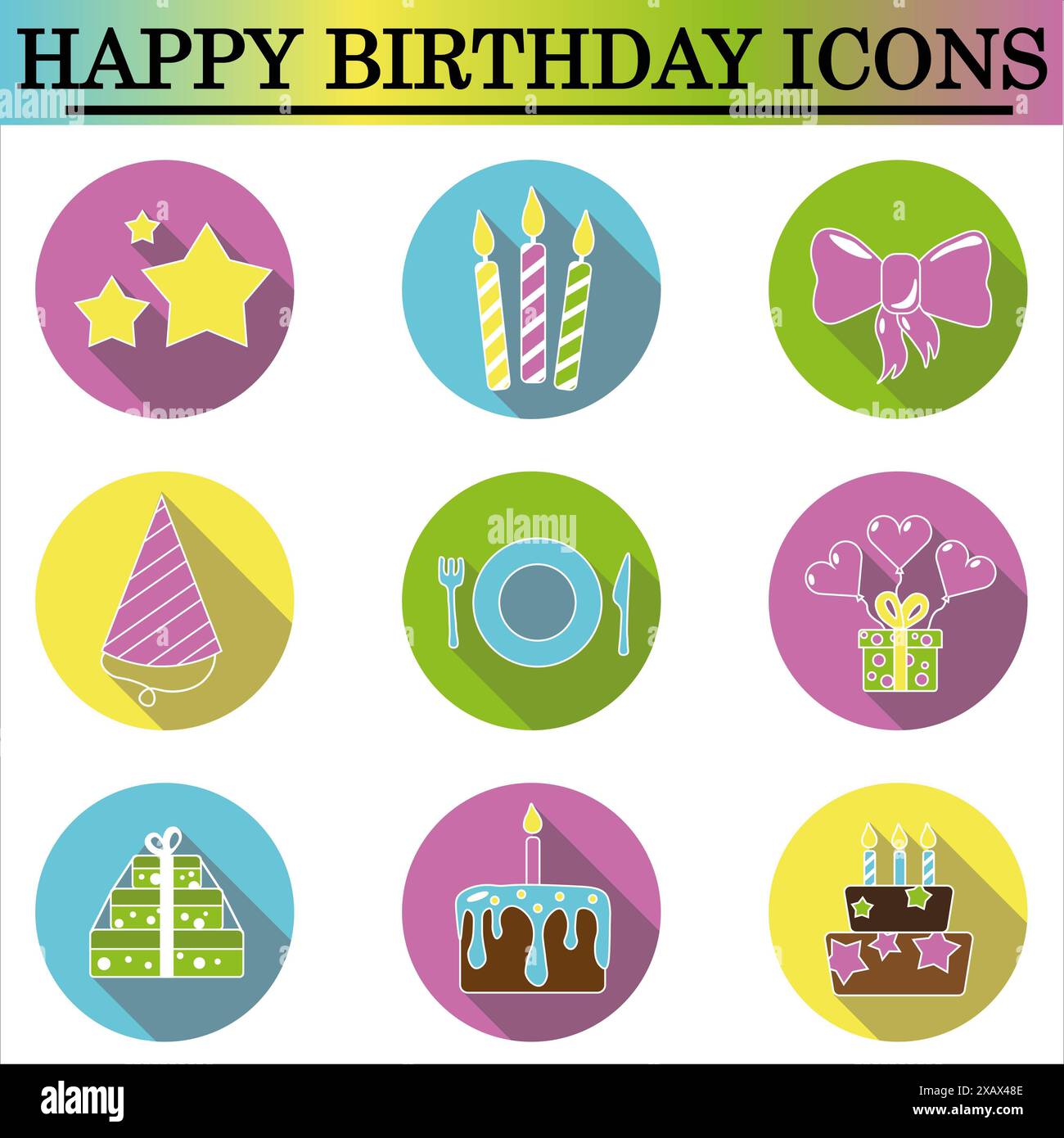 Set of birthday flat icons with shadow on the white background ...