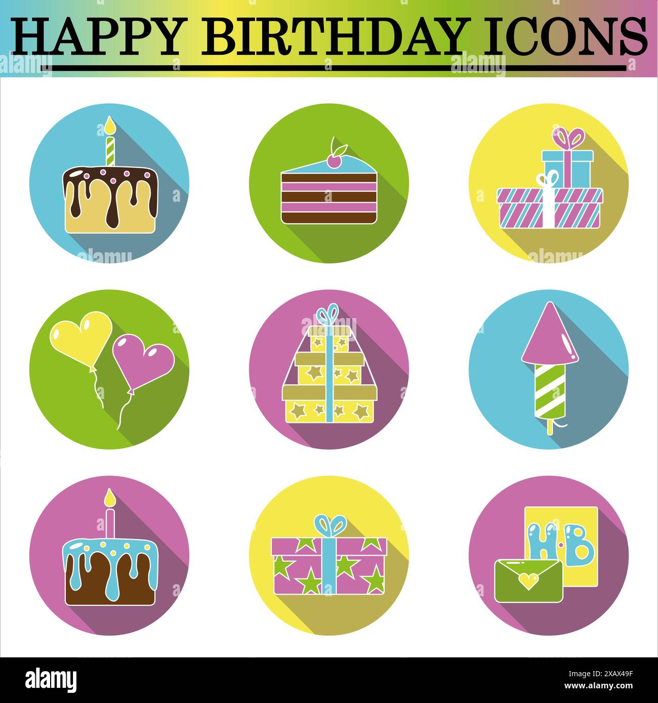 Set of birthday flat icons with shadow on the white background ...
