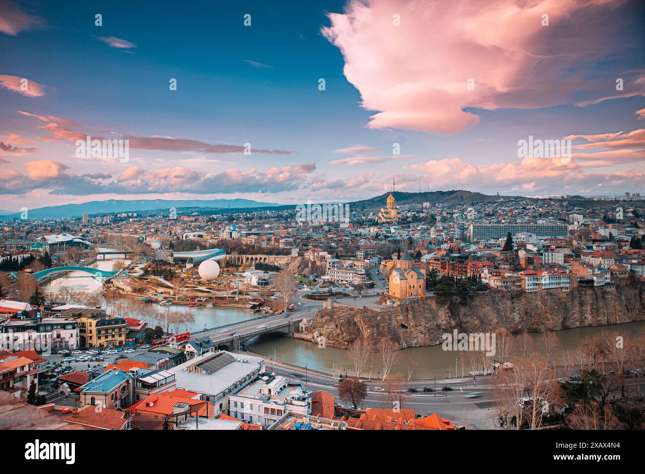 Tbilisi, Georgia. Top View Of Famous Landmarks In spring sunset Evening ...