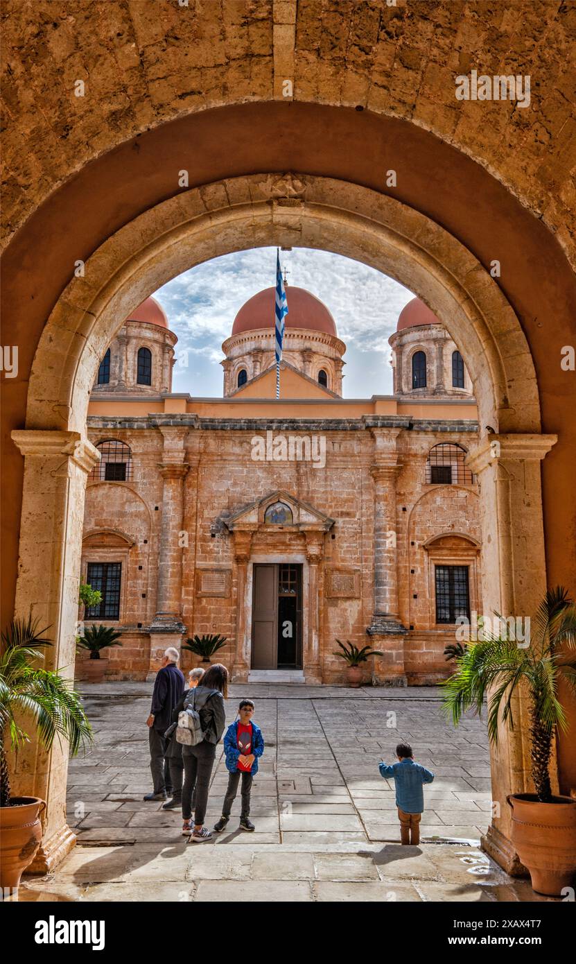Churchgoers at courtyard of Agia Triada Monastery (Holy Trinity), 17th ...