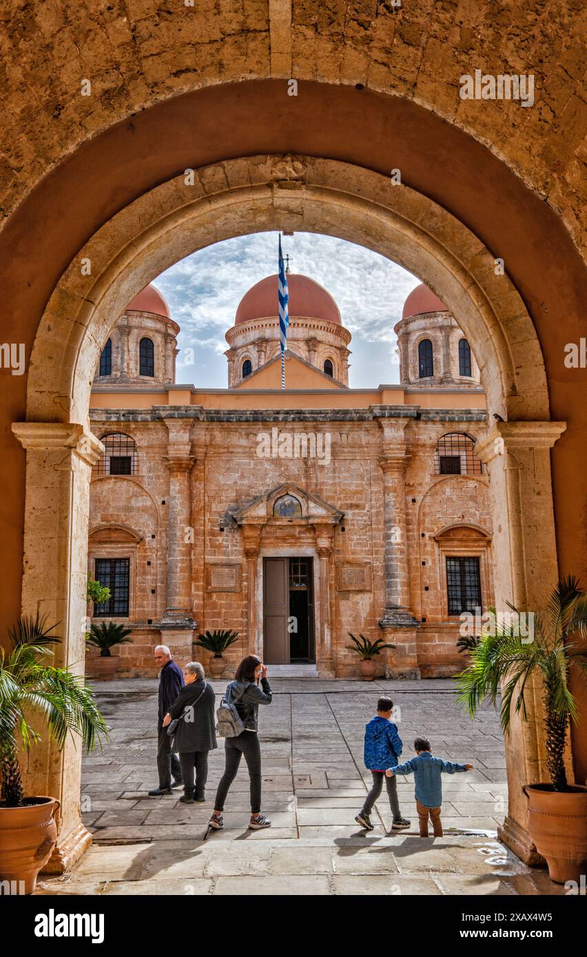Churchgoers at courtyard of Agia Triada Monastery (Holy Trinity), 17th ...