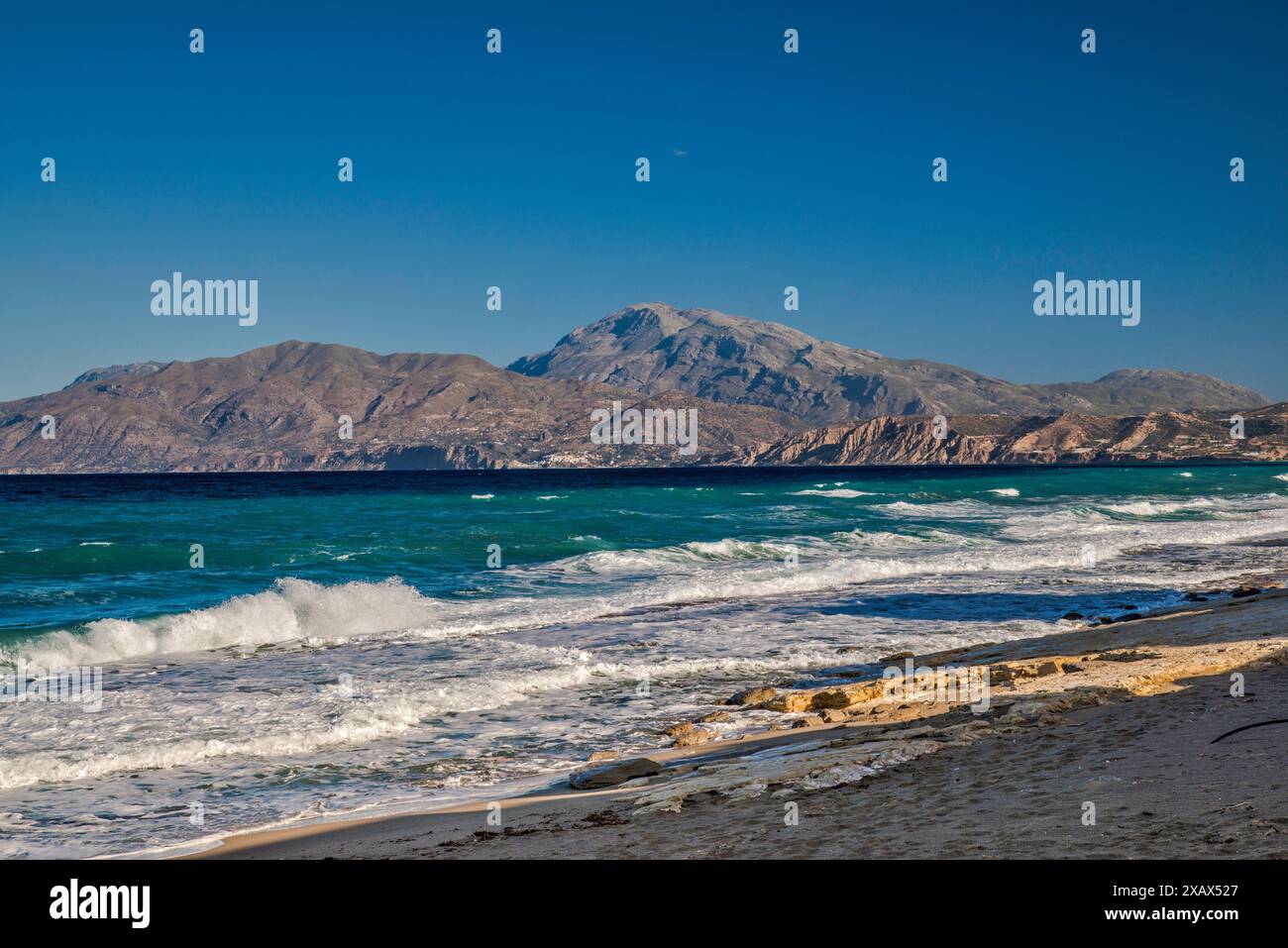Mesara Bay beach at village of Kalamaki, Mount Kedros massif in dist ...