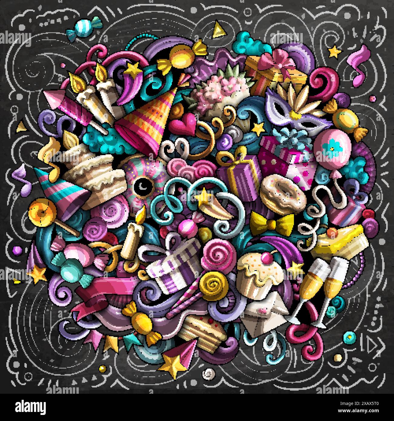 Cartoon vector Happy Birthday doodle illustration features a variety of ...