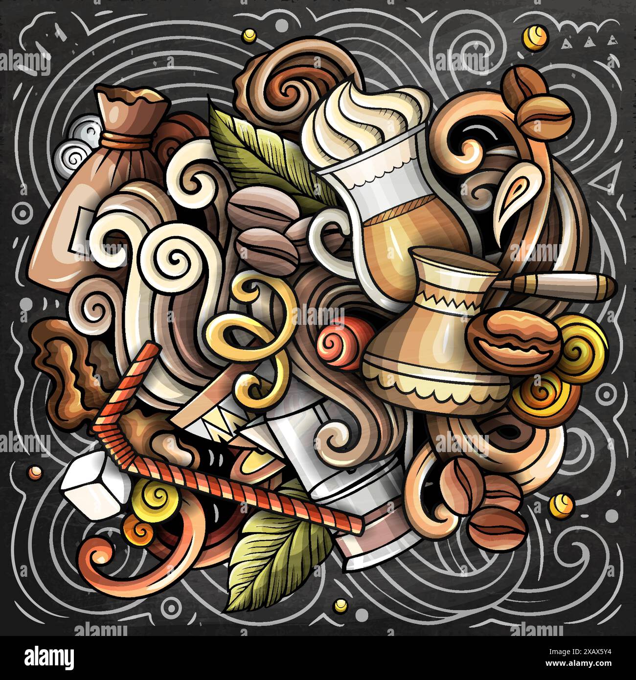 Cartoon vector doodles Coffee House illustration. Colorful, detailed ...