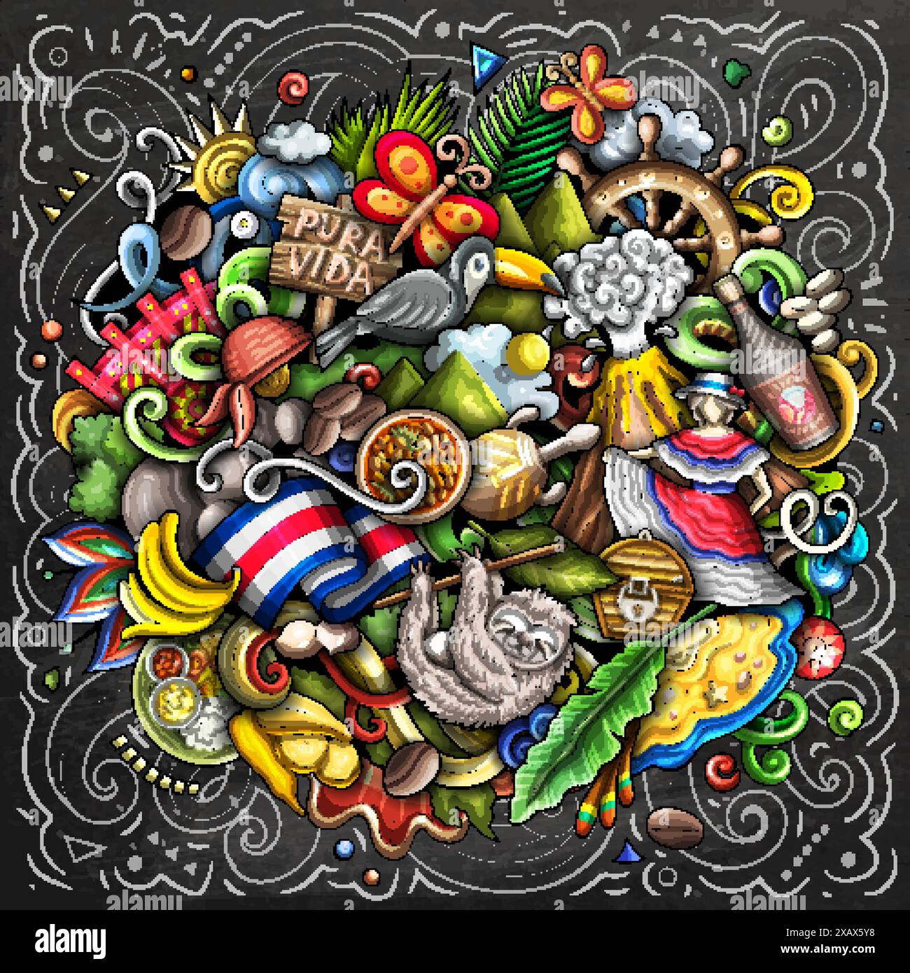 Vector funny doodle illustration with Costa Rica theme. Vibrant and eye ...