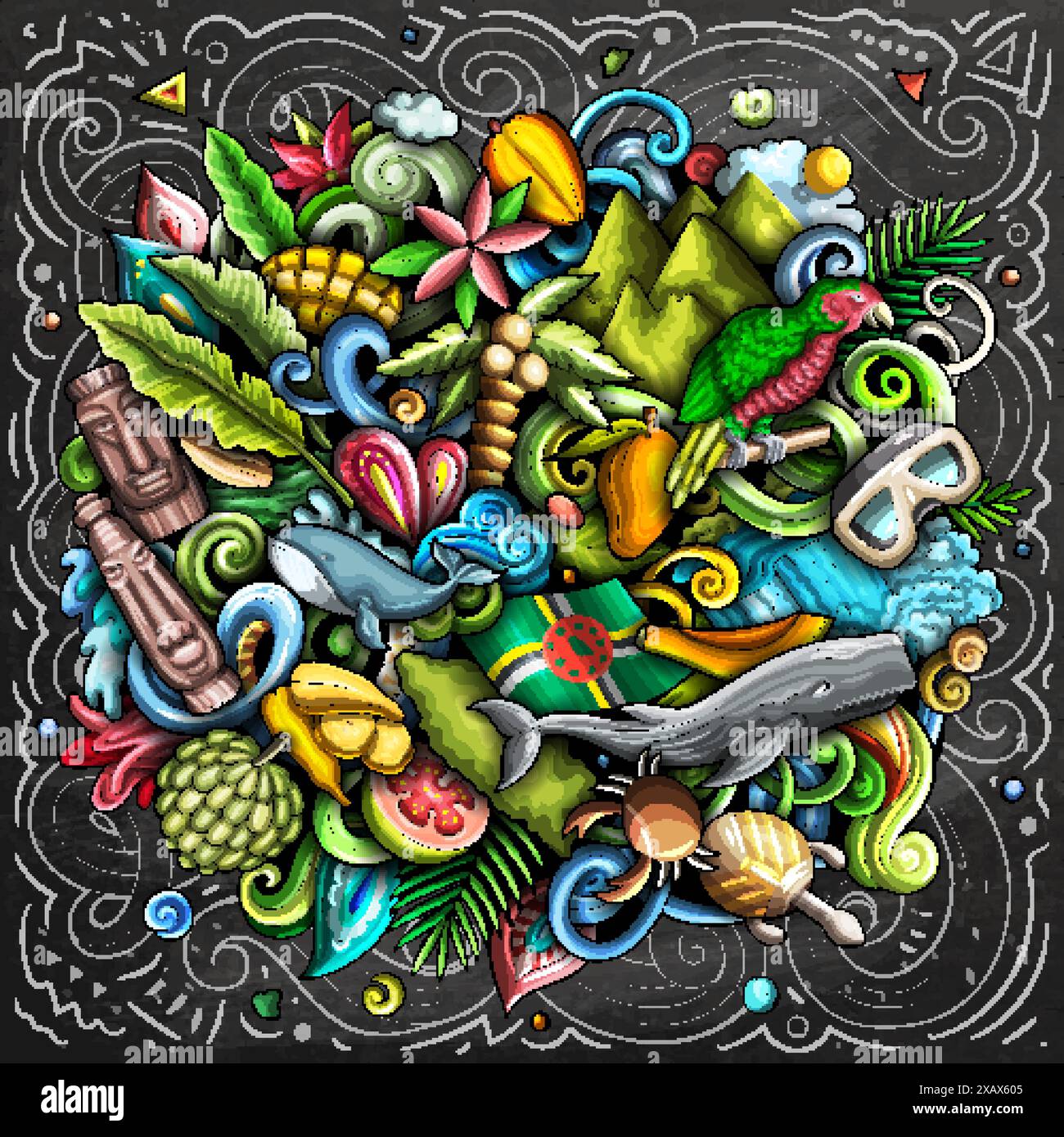 Vector funny doodle illustration with Dominica theme. Vibrant and eye ...