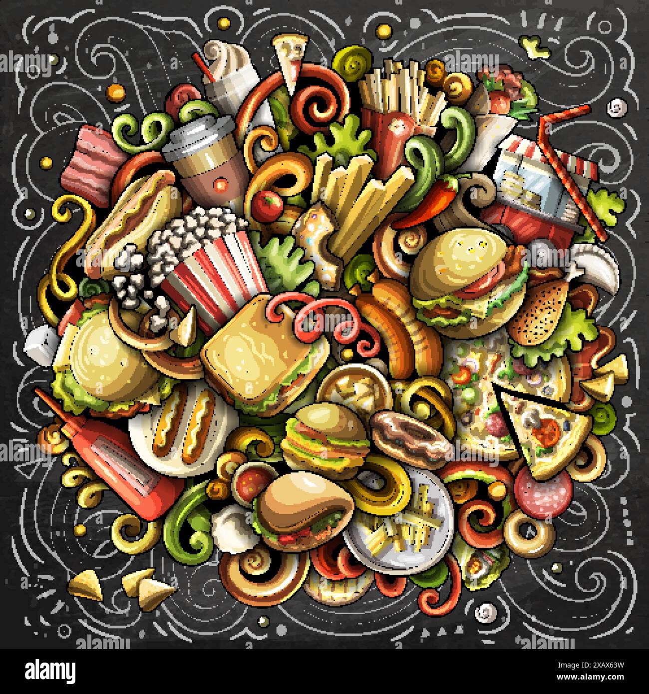 Fastfood cartoon doodles illustration. Fast food funny objects and ...