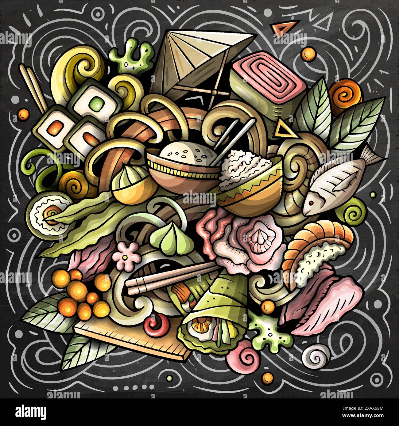 Cartoon vector Sushi doodle chalkboard illustration features a variety ...