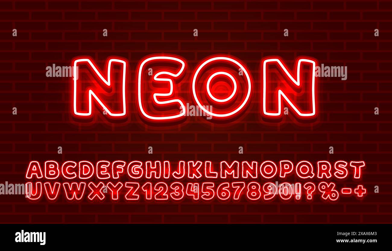 Neon city color red font. English alphabet and numbers sign. Vector ...