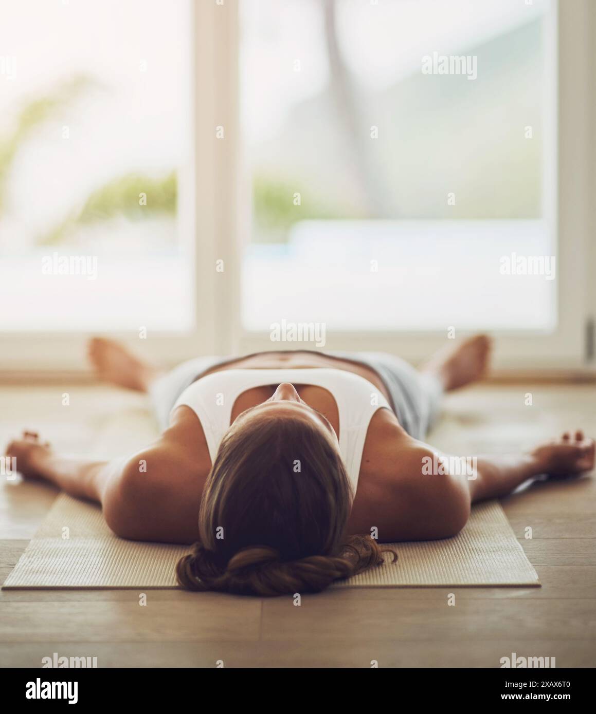 Woman, home and yoga savasana for relax, wellness or zen for healthy ...