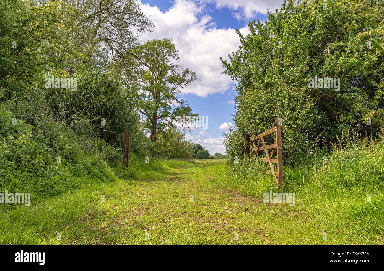 A wide path leads past a wooden gate into a field. Trees and shrubs are ...