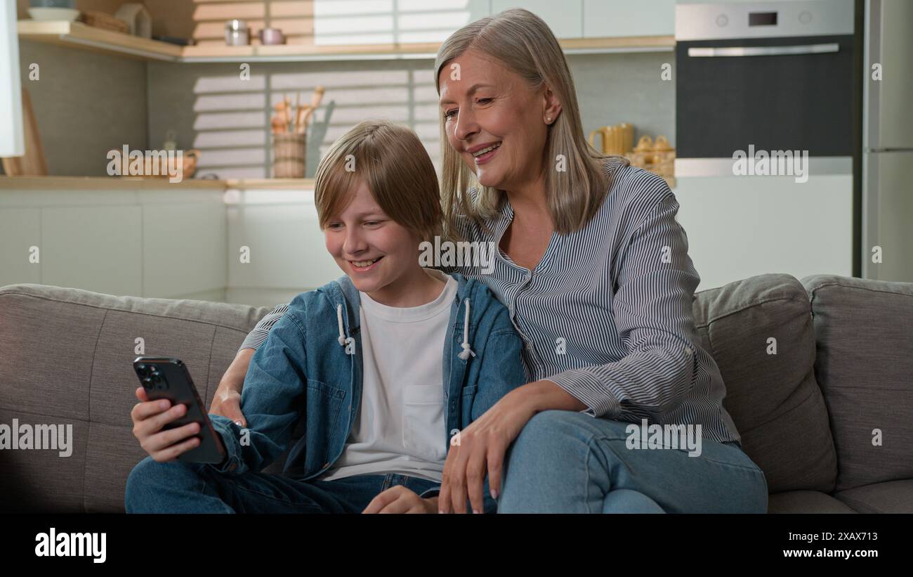Happy smiling Caucasian grandmother grandson female woman granny little ...