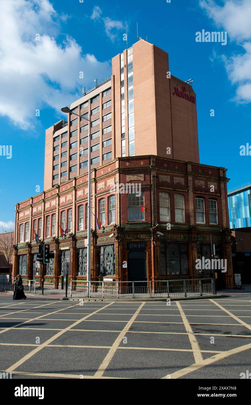 The Marriott Hotel towers over The Golden Cross Pub, Cardiff cIty ...