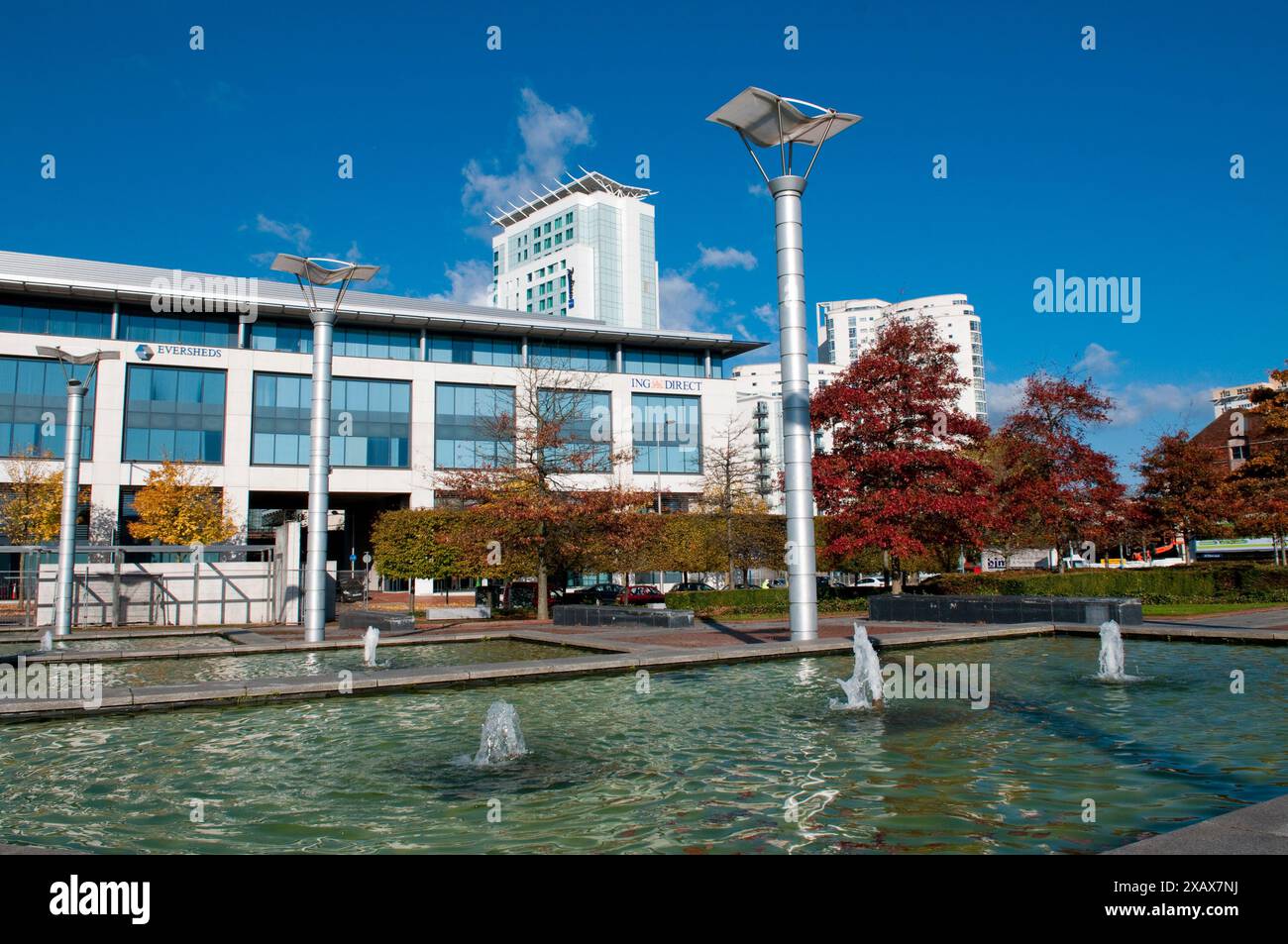The water fountains in Callaghan Square, Cardiff, one of the business ...