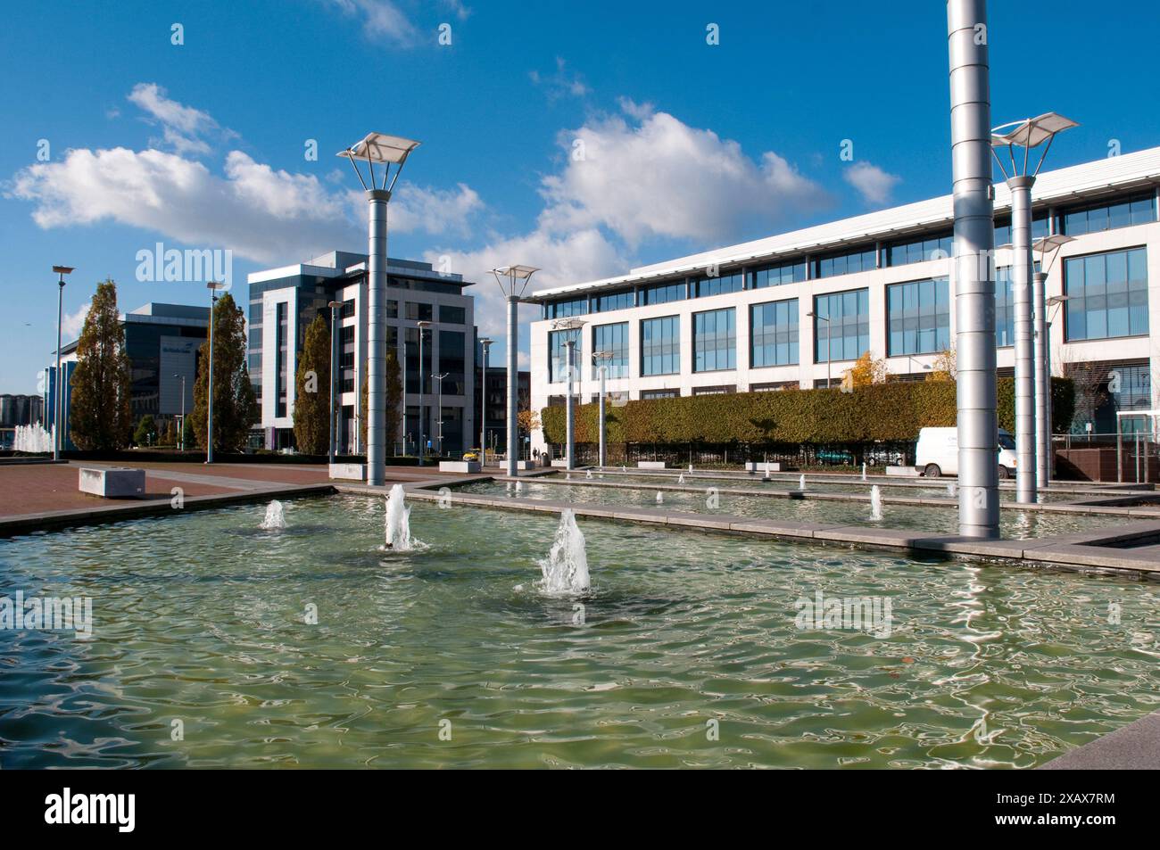The water fountains in Callaghan Square, Cardiff, one of the business ...