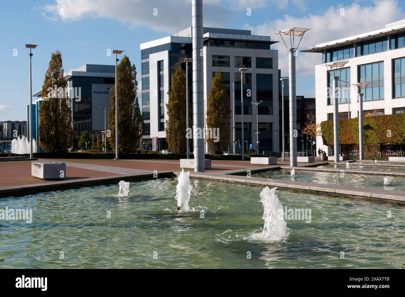 The water fountains in Callaghan Square, Cardiff, one of the business ...