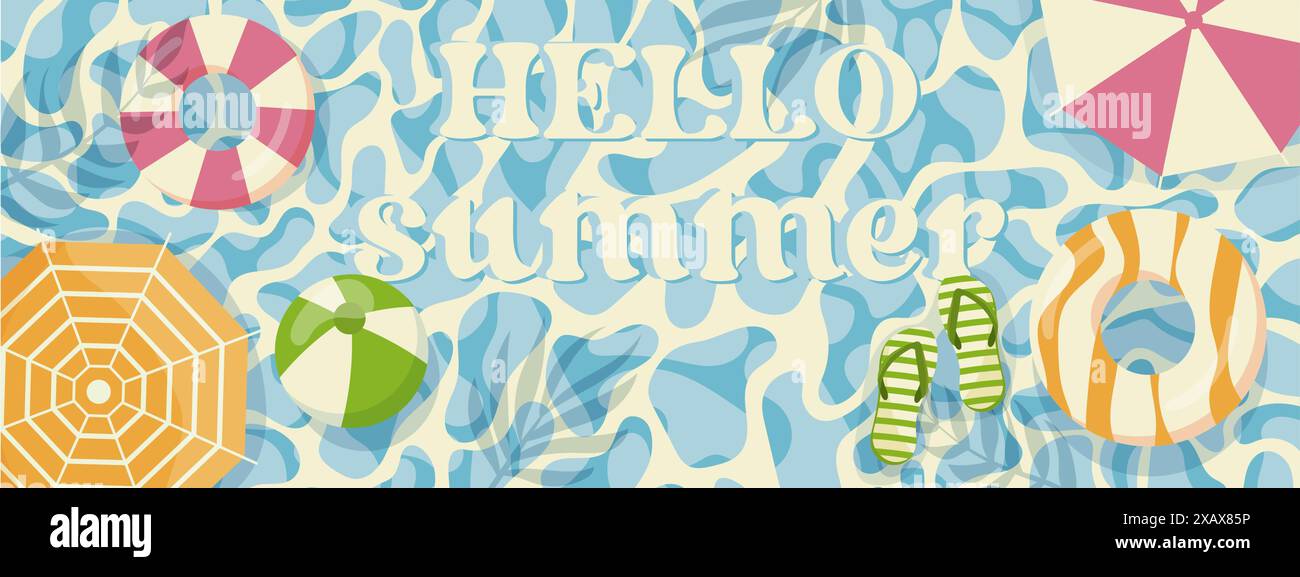 Summer hello design banner cartoon, trend colors. text in pool water ...