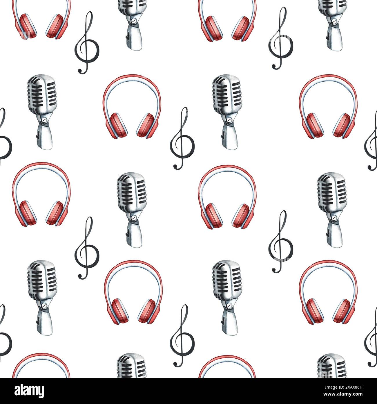 A musical seamless pattern with headphones, microphones and a violin ...