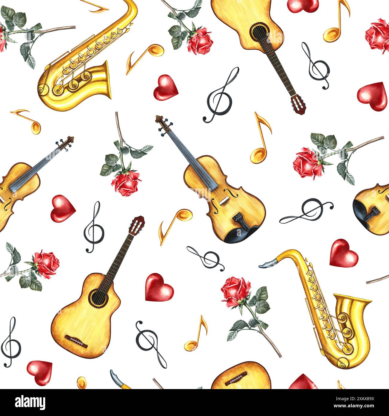 Musical seamless pattern with musical instruments, guitars, violins and ...