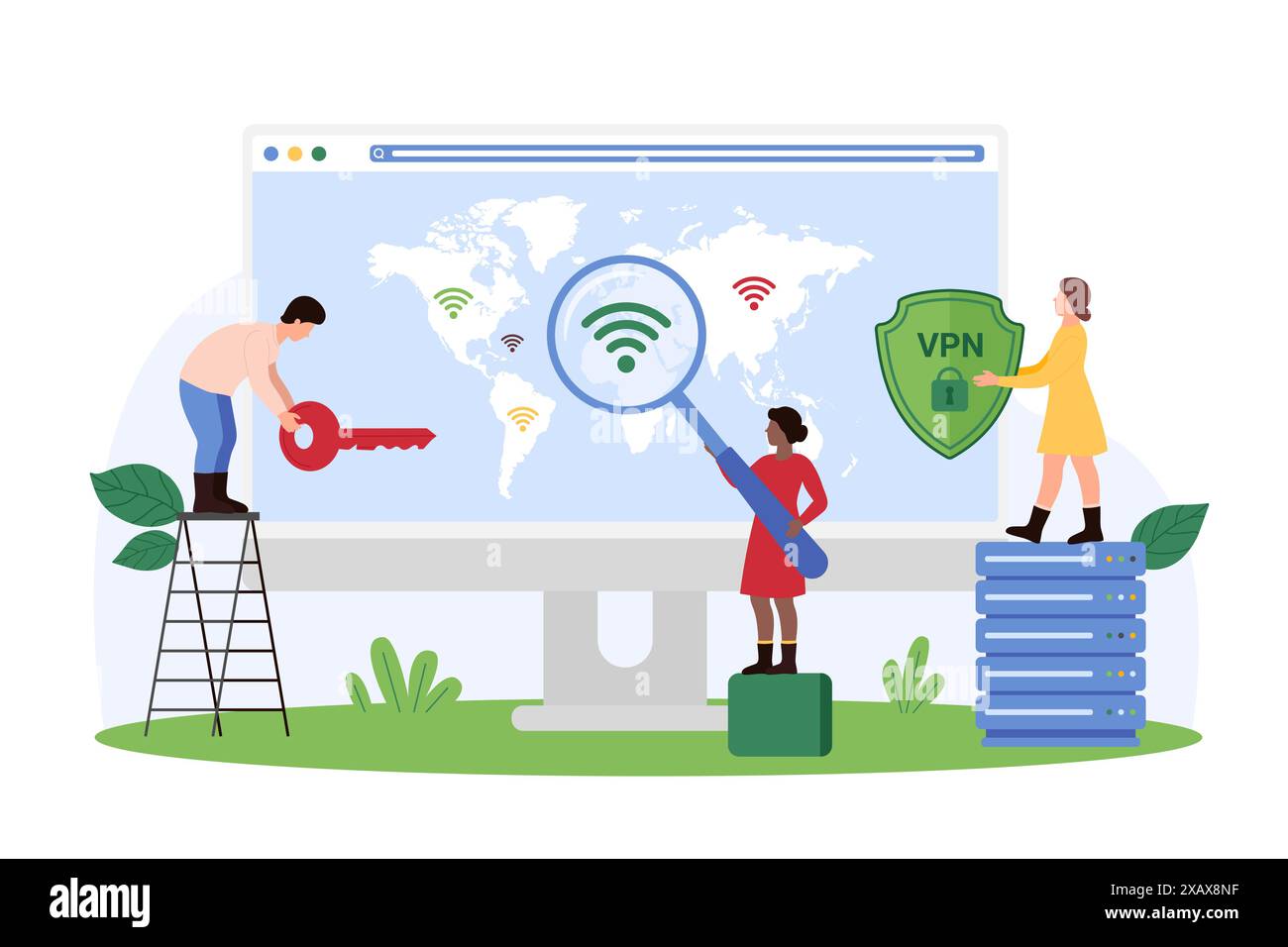 Cyber security of VPN services. Tiny people with magnifying glass study location of proxy server ...