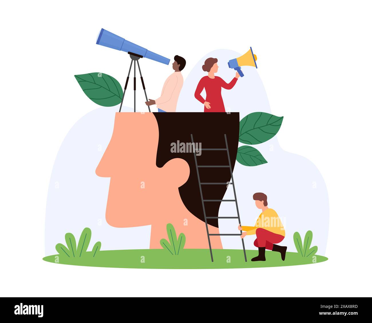 Business forecast, vision of opportunity. Tiny people with megaphone ...