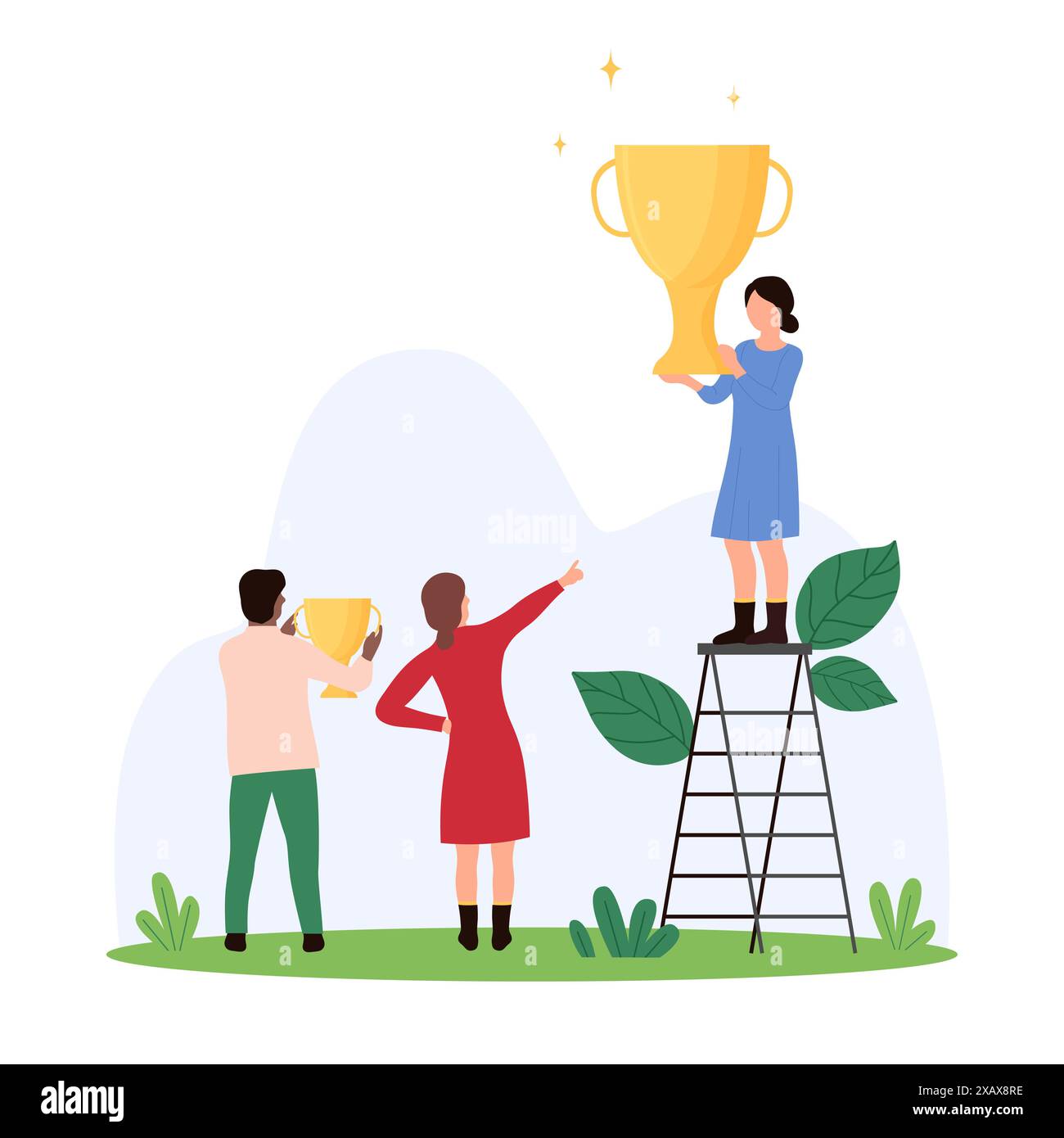 Goal achievement, trophy for winner employee or team, success. Tiny people win gold cup award ...