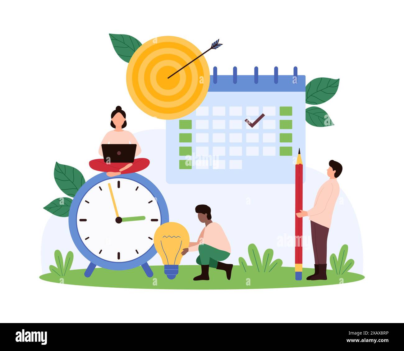 Business planning achievements with calender. Tiny people holding light ...