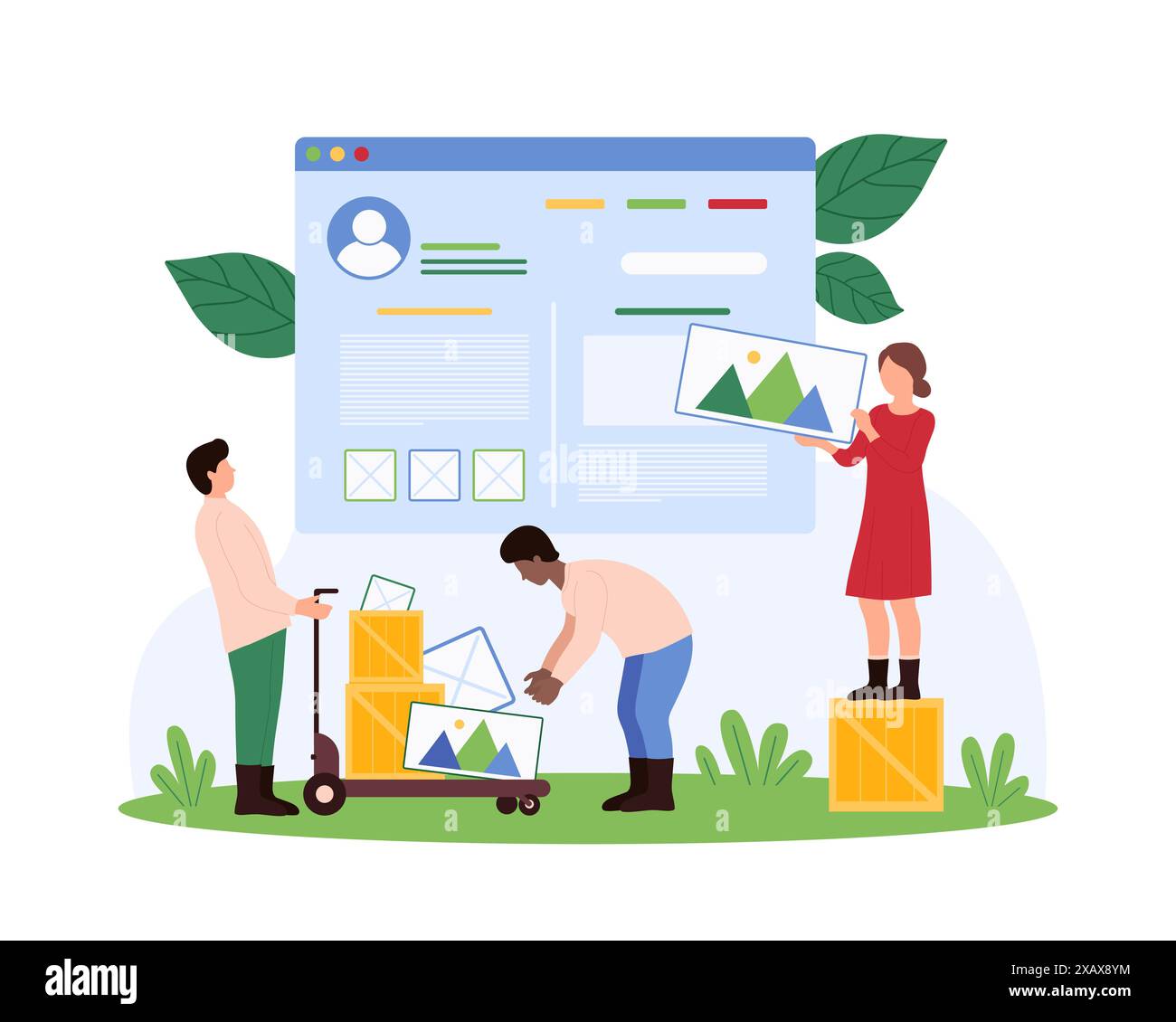 Web design, wireframe process on online platform. Tiny people holding ...