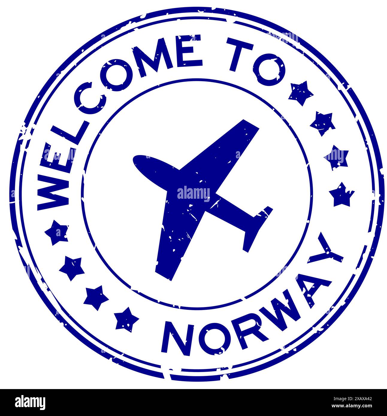 Grunge blue welcome to norway word with plane icon round rubber seal ...