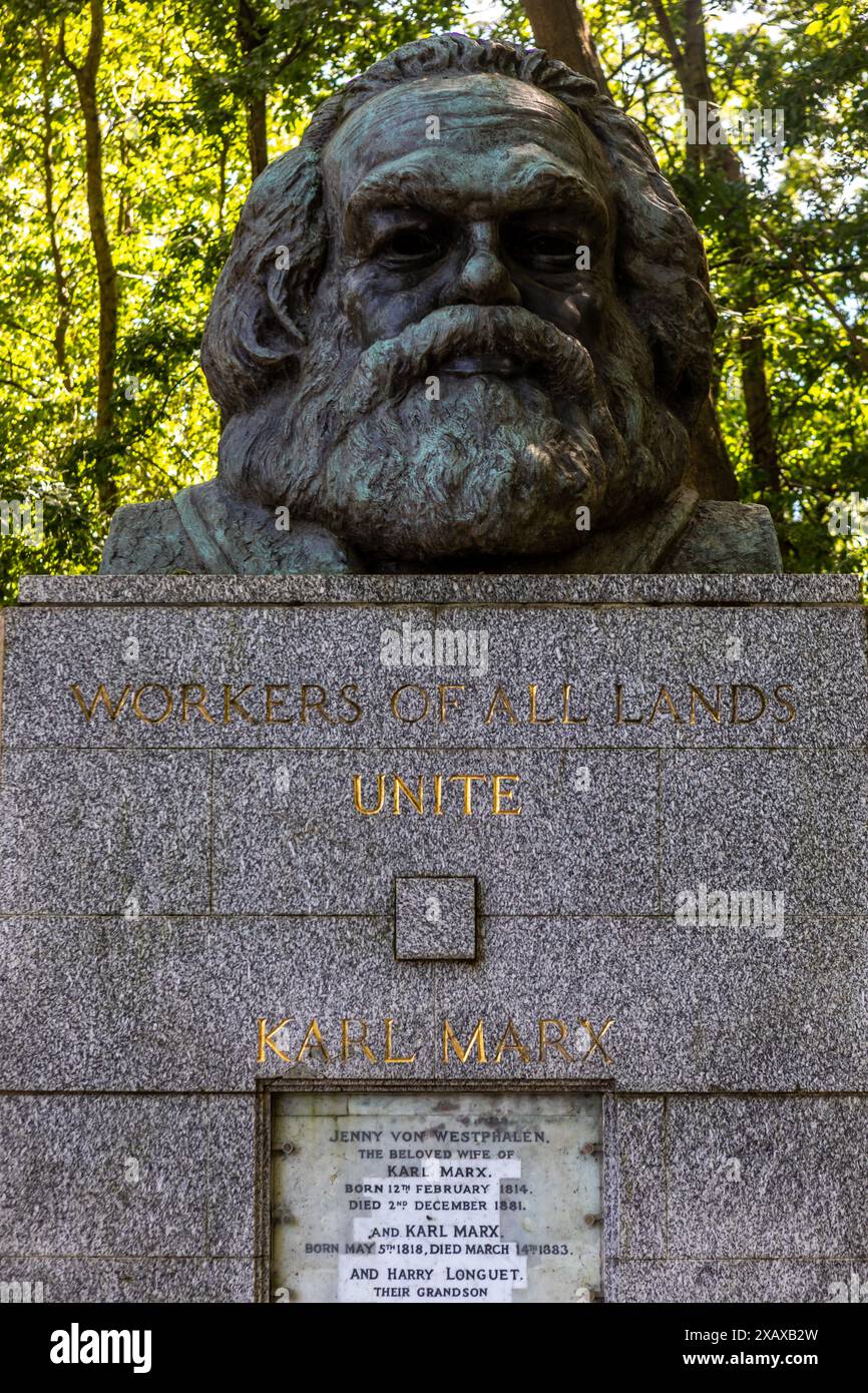 London, England – August 2023. The grave of Karl Marx, with a large ...