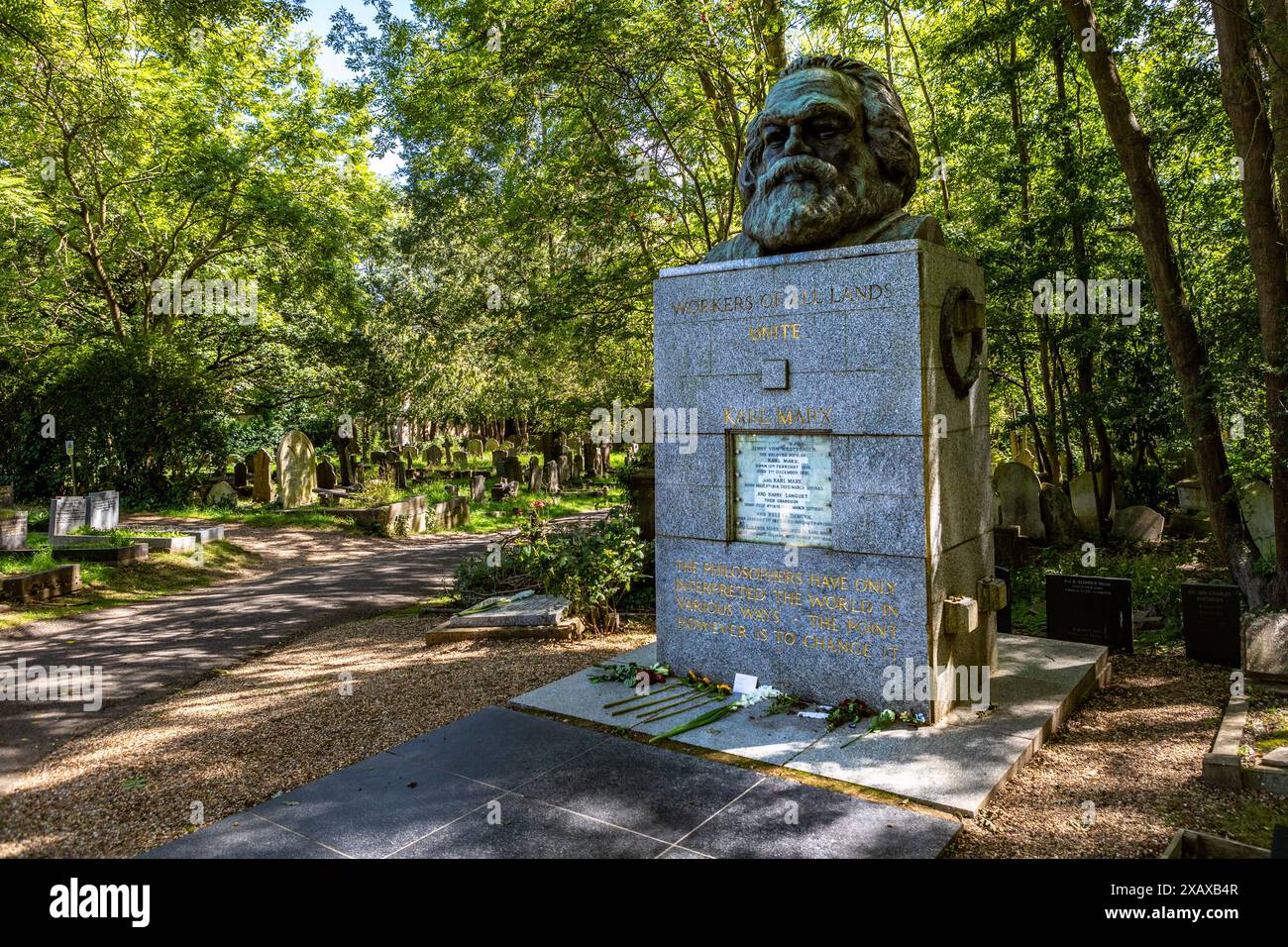 London, England – August 2023. The grave of Karl Marx, with a large ...