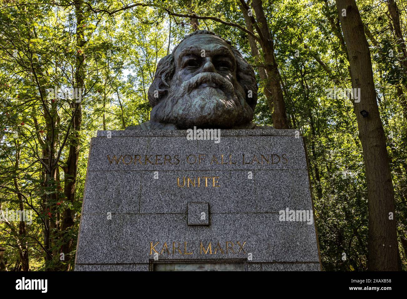 London, England – August 2023. The grave of Karl Marx, with a large ...
