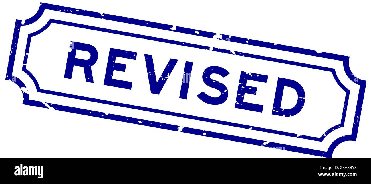Grunge blue revised word rubber seal stamp on white background Stock ...