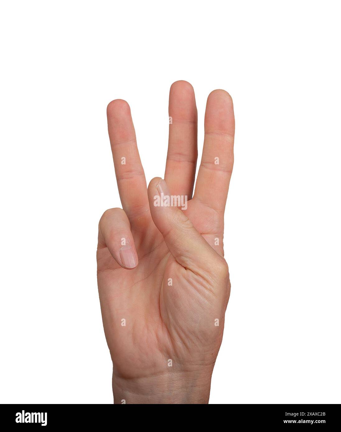 Hand showing three fingers, isolated on white background. Male hand in ...