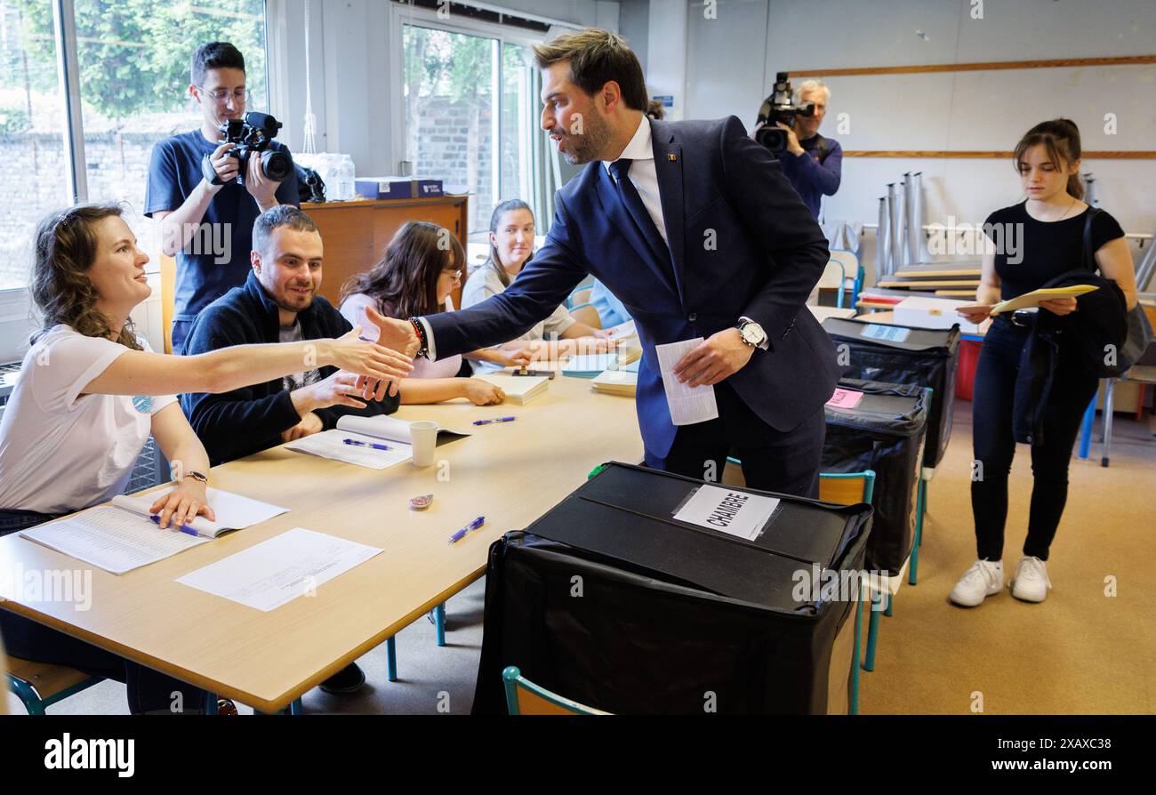 Mons, Belgium. 09th June, 2024. MR chairman Georges-Louis Bouchez ...