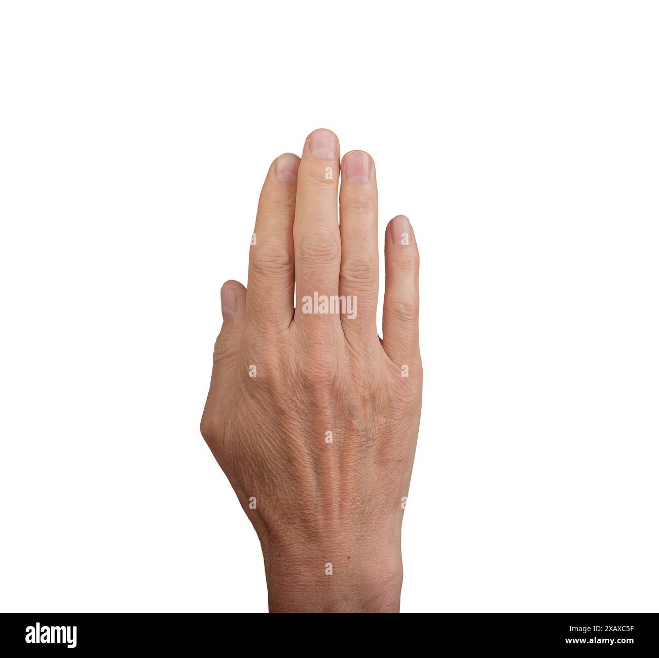 Male hand raised with open palm, showing a gesture and signal. Close up ...